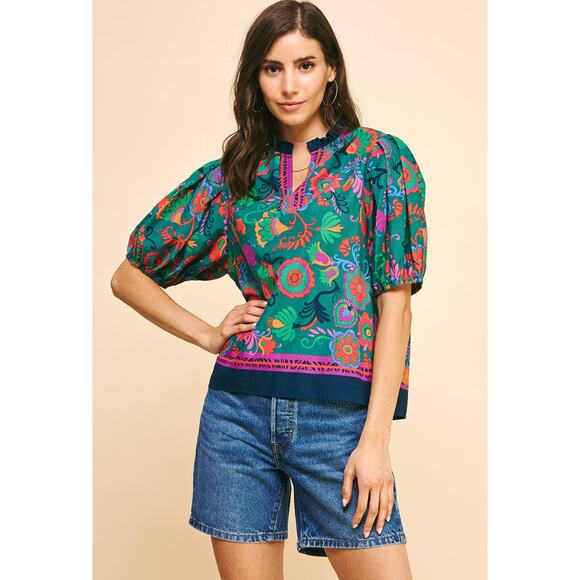 Pinch | Tops | Pinch Womens Floral Multicolor V Neck Elastic Puff ...